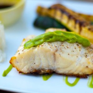 Red Snapper on the Grill Topped with Wasabi Avocado Sauce